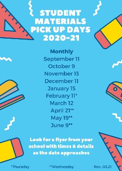 TK - 6 Student Materials Pick Up Day (Click to view Times) | Robla ...